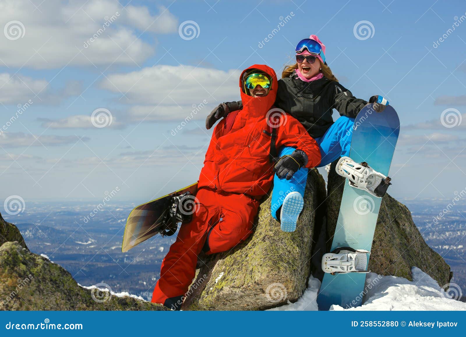 Happy Snowboarding Couple in Winter Mountains Stock Photo - Image of ...