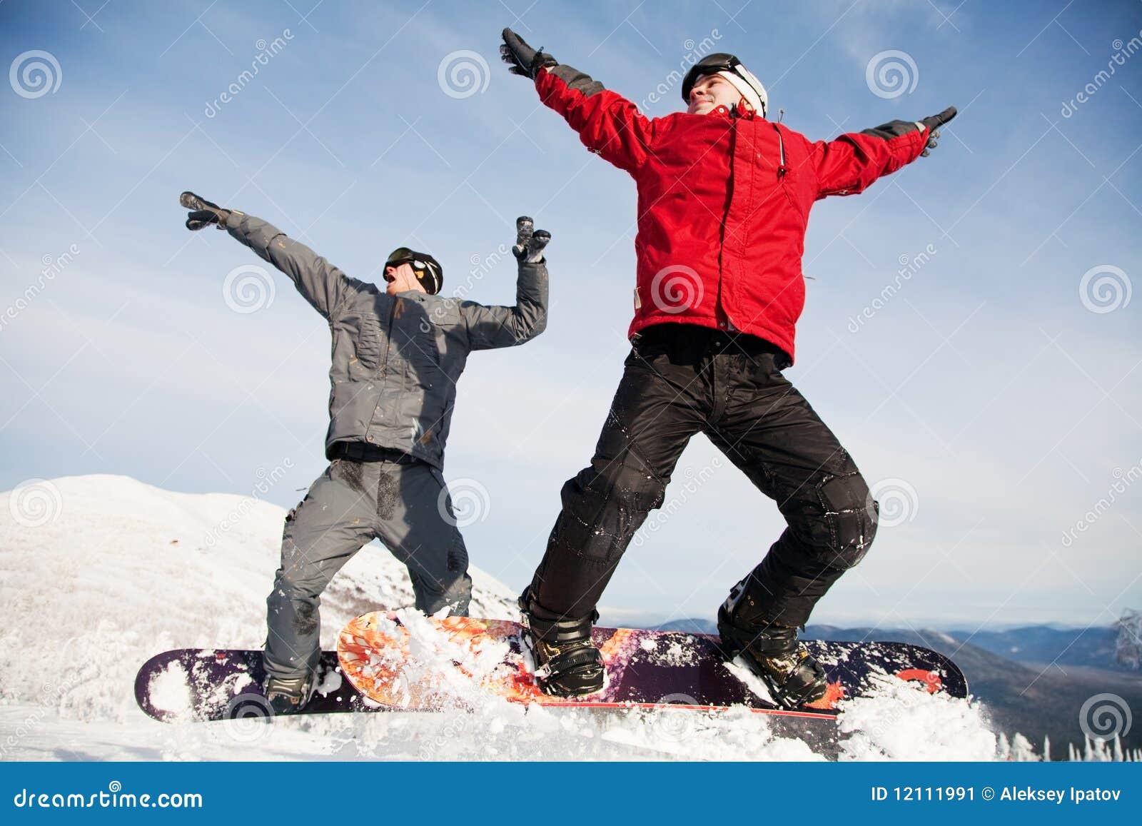 Happy snowboarding team stock image. Image of ride, winter - 12111991