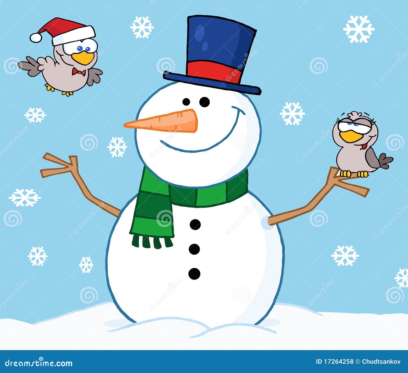 Happy snowman with birds stock vector. Illustration of vector - 17264258