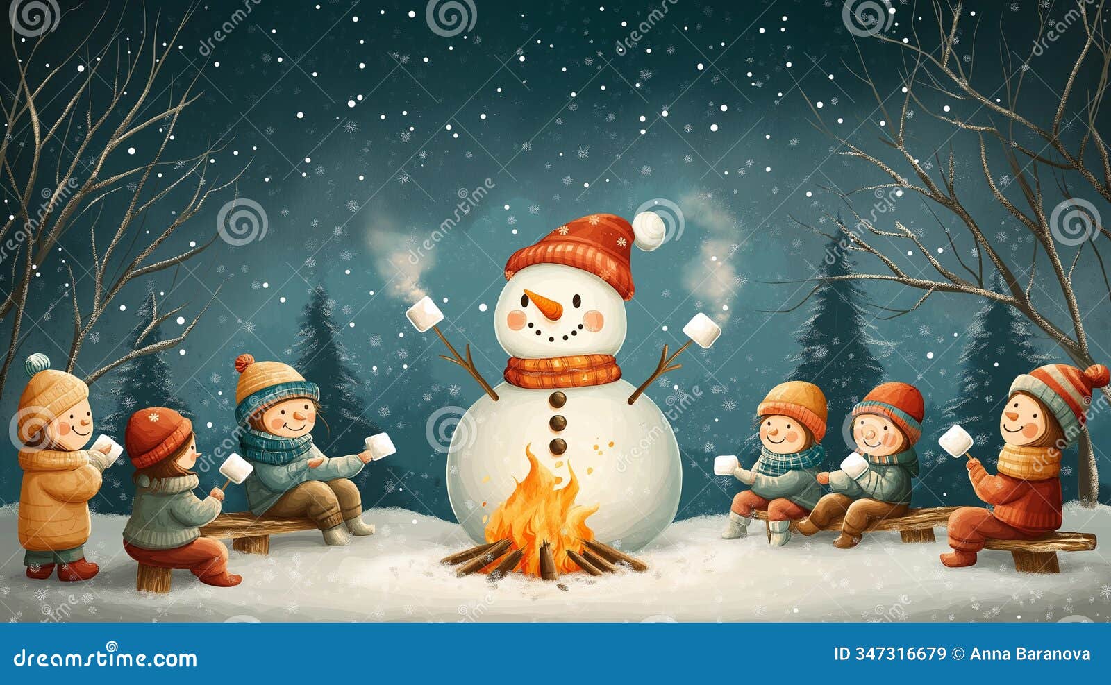 Happy Snowman Roasting Marshmallows Over a Tiny Fire, Surrounded by ...