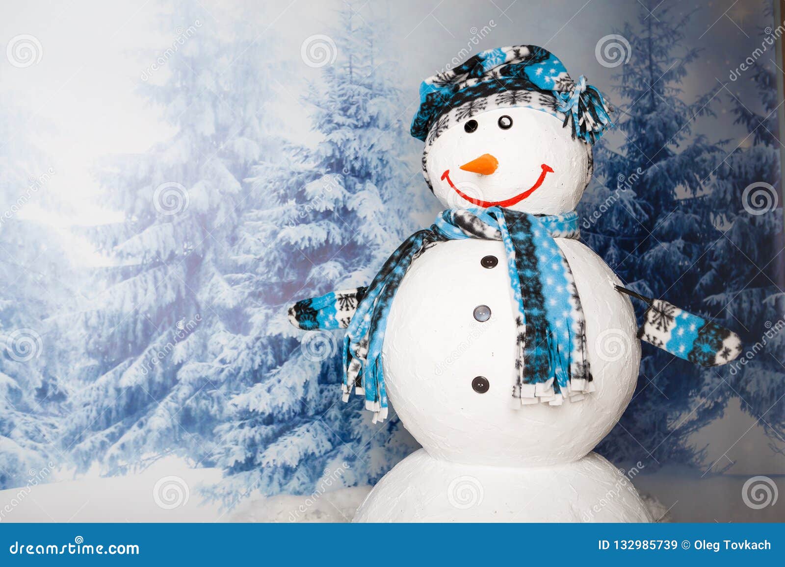 Happy Snowman Surrounded by Winter Landscape with Falling Snow Stock ...