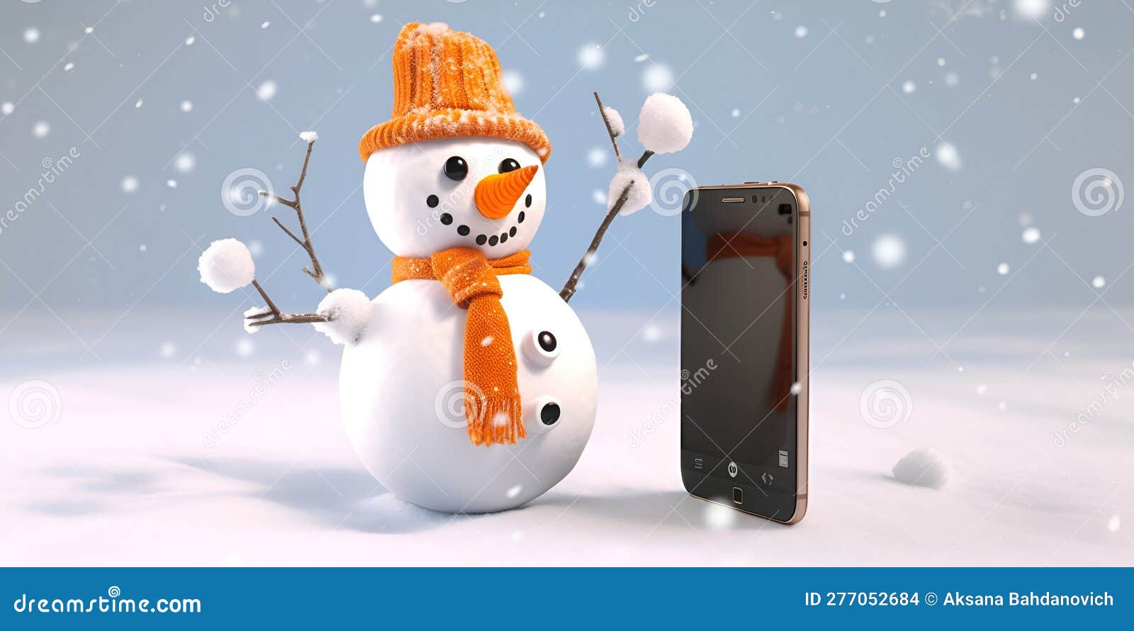Happy Snowman Using Smart Phone at Park Generative AI Stock ...