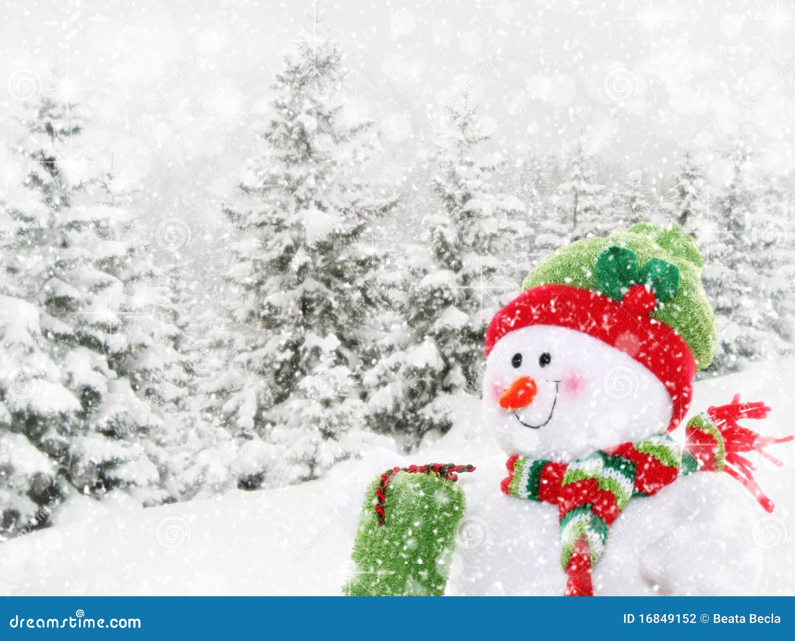 Happy Snowman in Winter Landscape Stock Photo - Image of snowman, trees ...