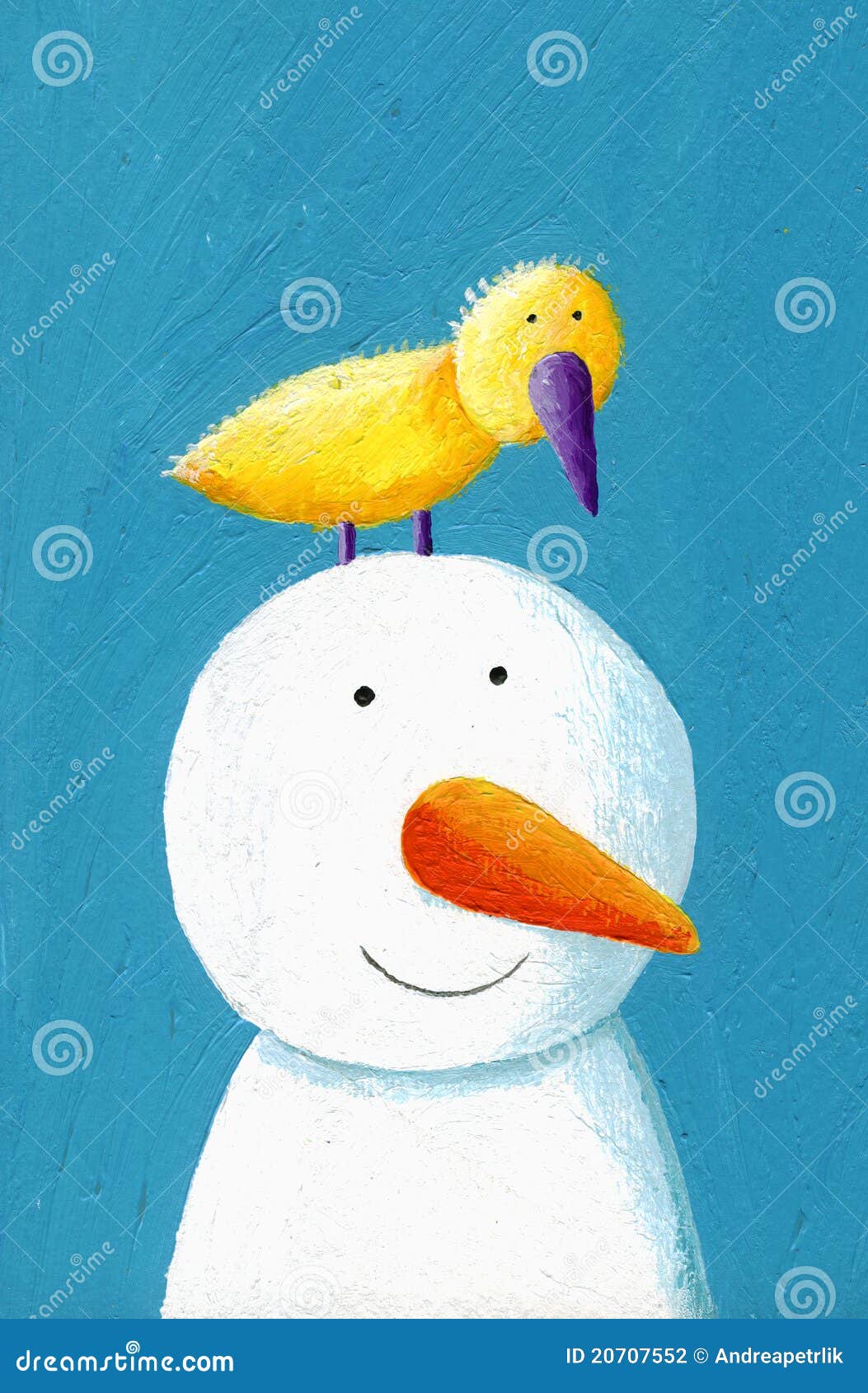 Happy Snowman with Yellow Bird Stock Illustration - Illustration of ...