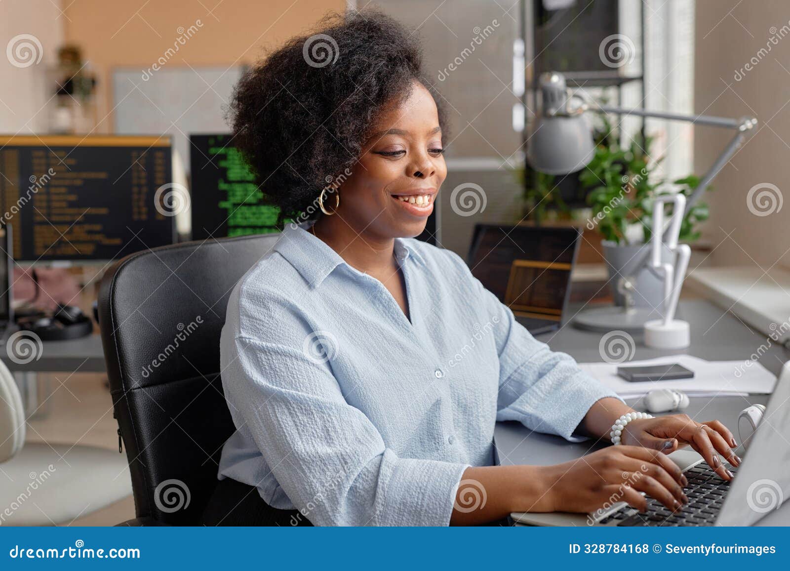 Happy Software Developer at Workplace Table Stock Photo - Image of work ...
