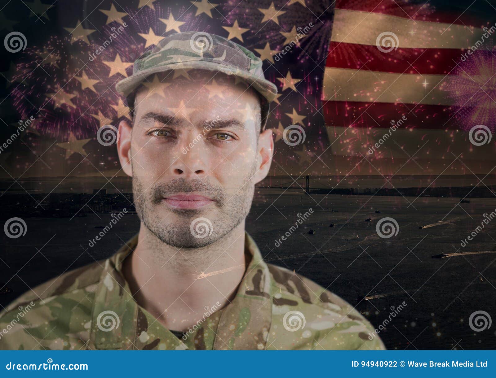 Happy Soldier Standing on a N American Flag Background Stock Photo ...