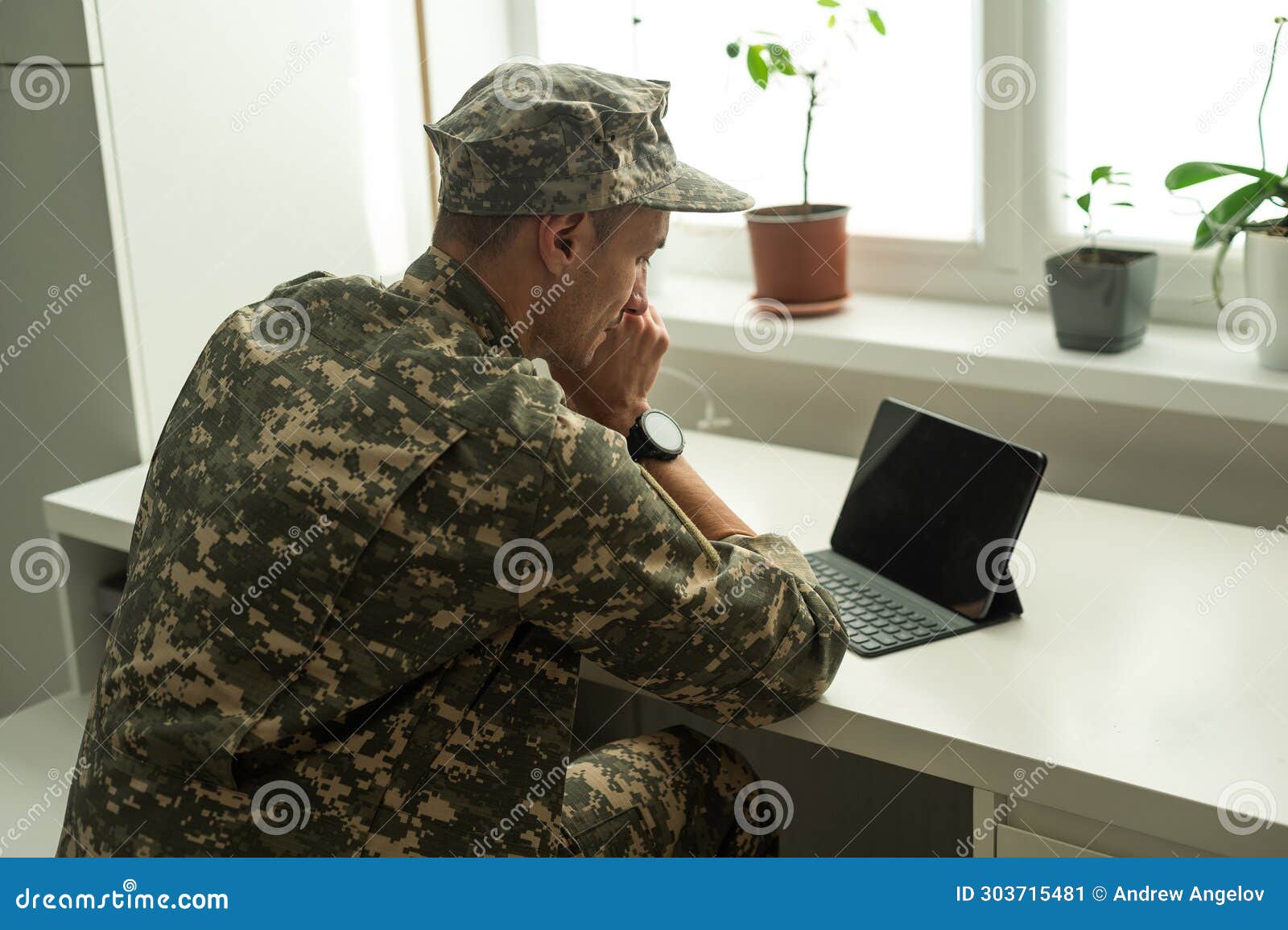 Happy Soldier Using Laptop. Military Service Stock Image - Image of ...