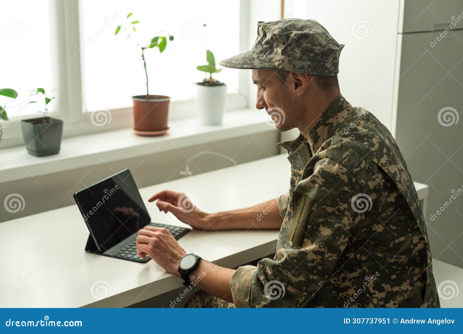 Happy Soldier Using Laptop. Military Service Stock Image - Image of ...