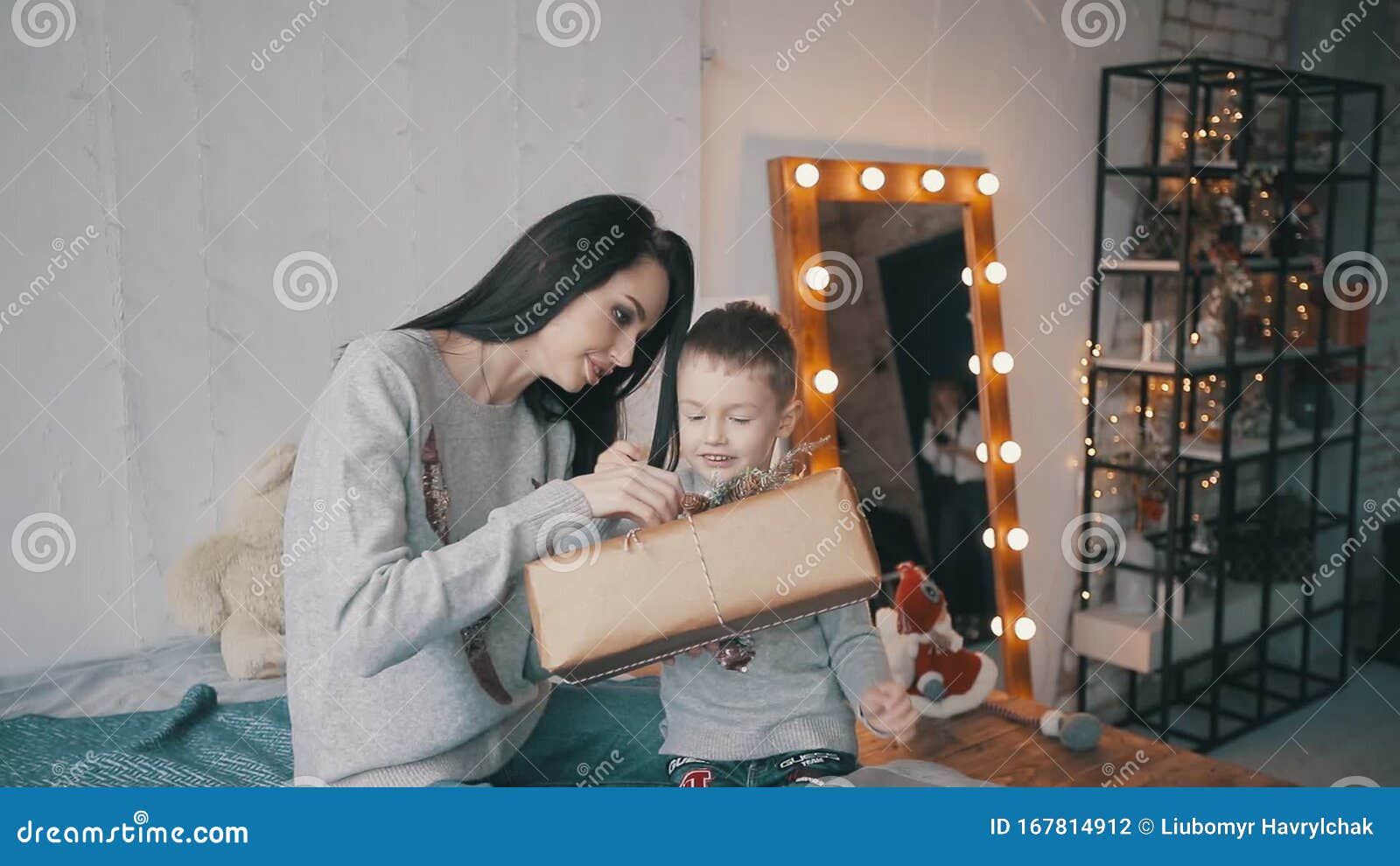 Son Give a Present Box To His Mom and Open it Together Stock Footage ...
