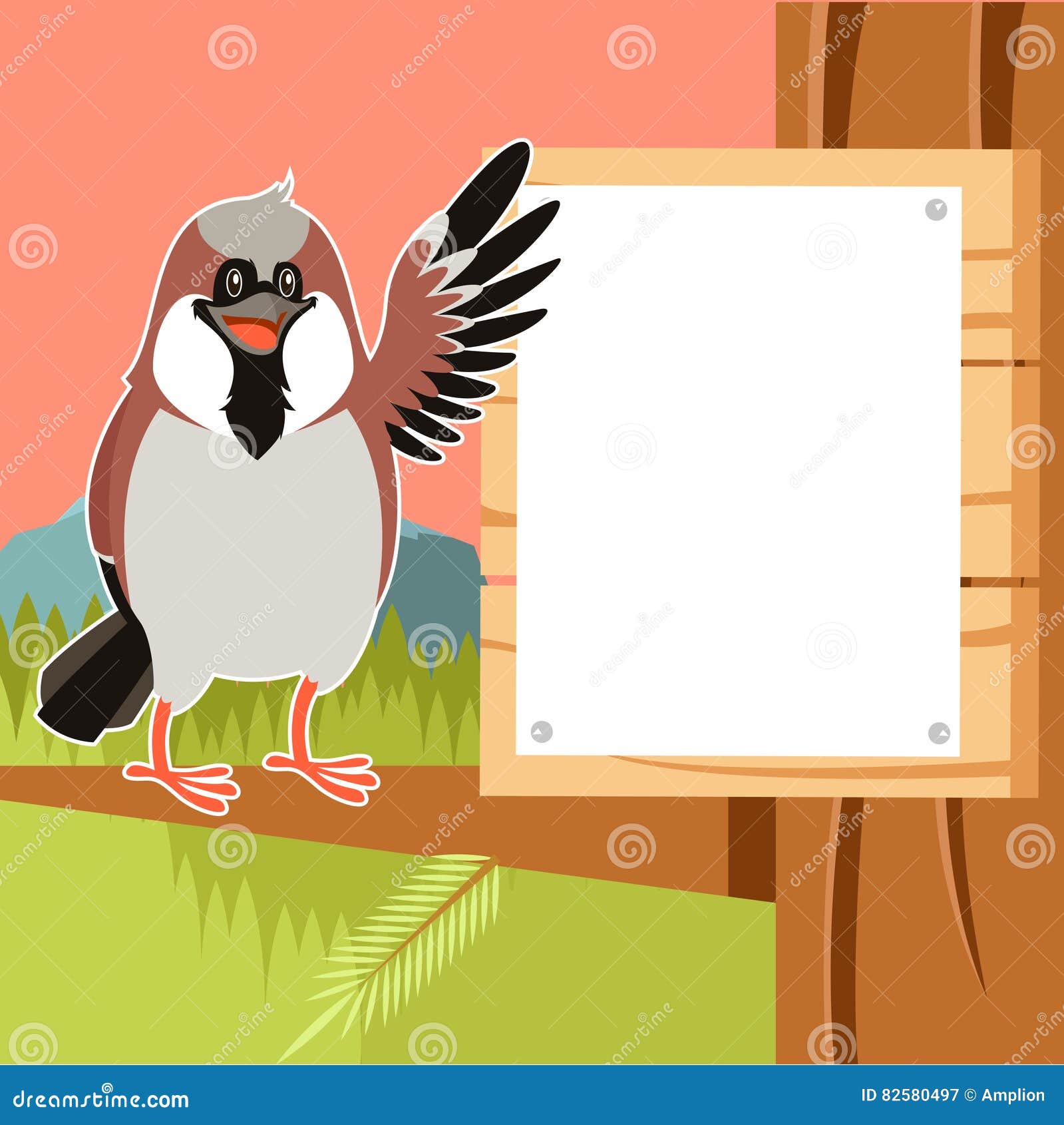 Happy Sparrow on the Tree Flat Background Stock Vector - Illustration ...