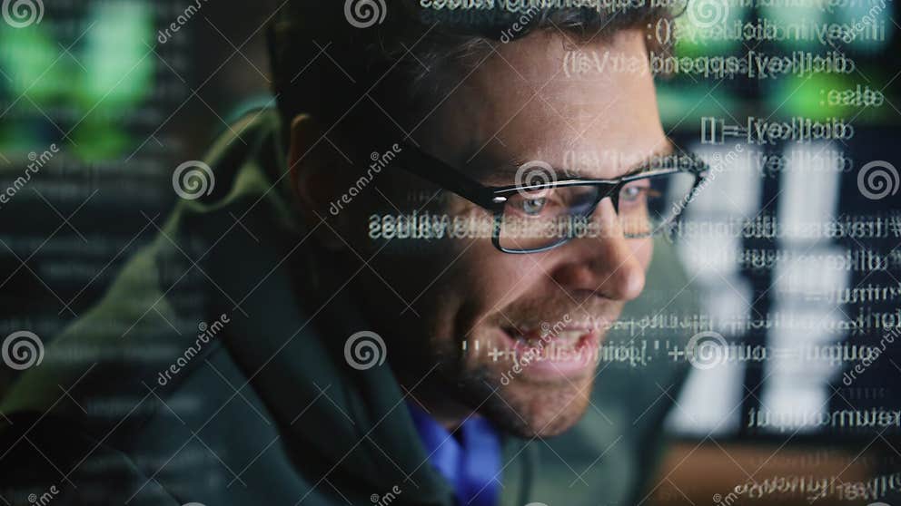 Happy Specialist Creating Code at Data Hologram Closeup. Smiling Man Programming Stock Image ...