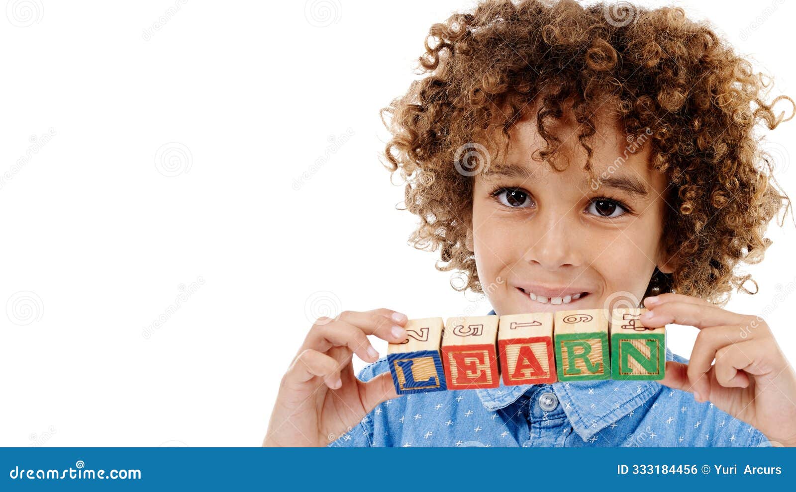 Happy, Spelling and Portrait of Kid with Building Blocks for Learning ...