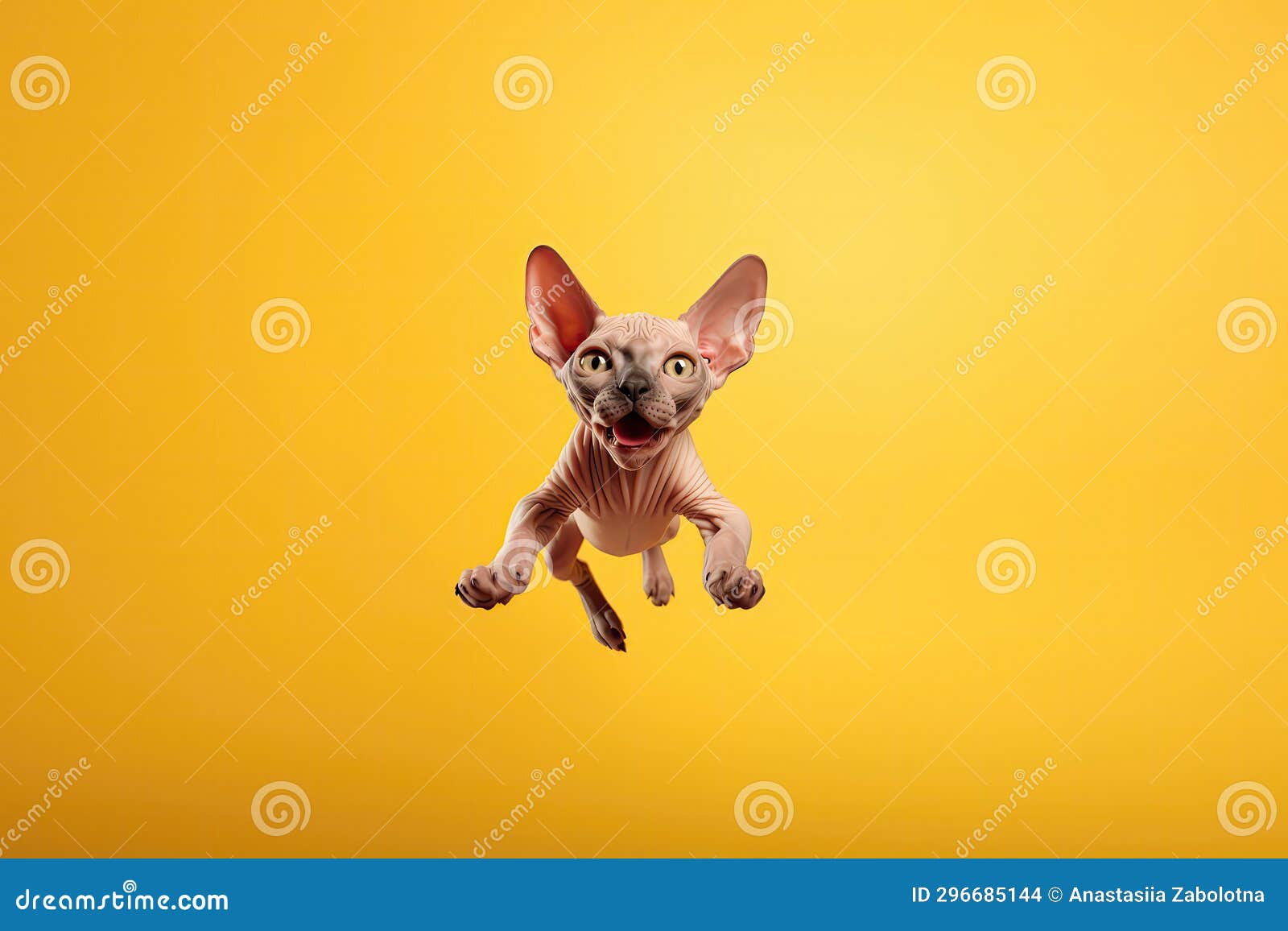 Happy Sphynx Cat in Jumping, in Flight on Yellow Background. Generative ...