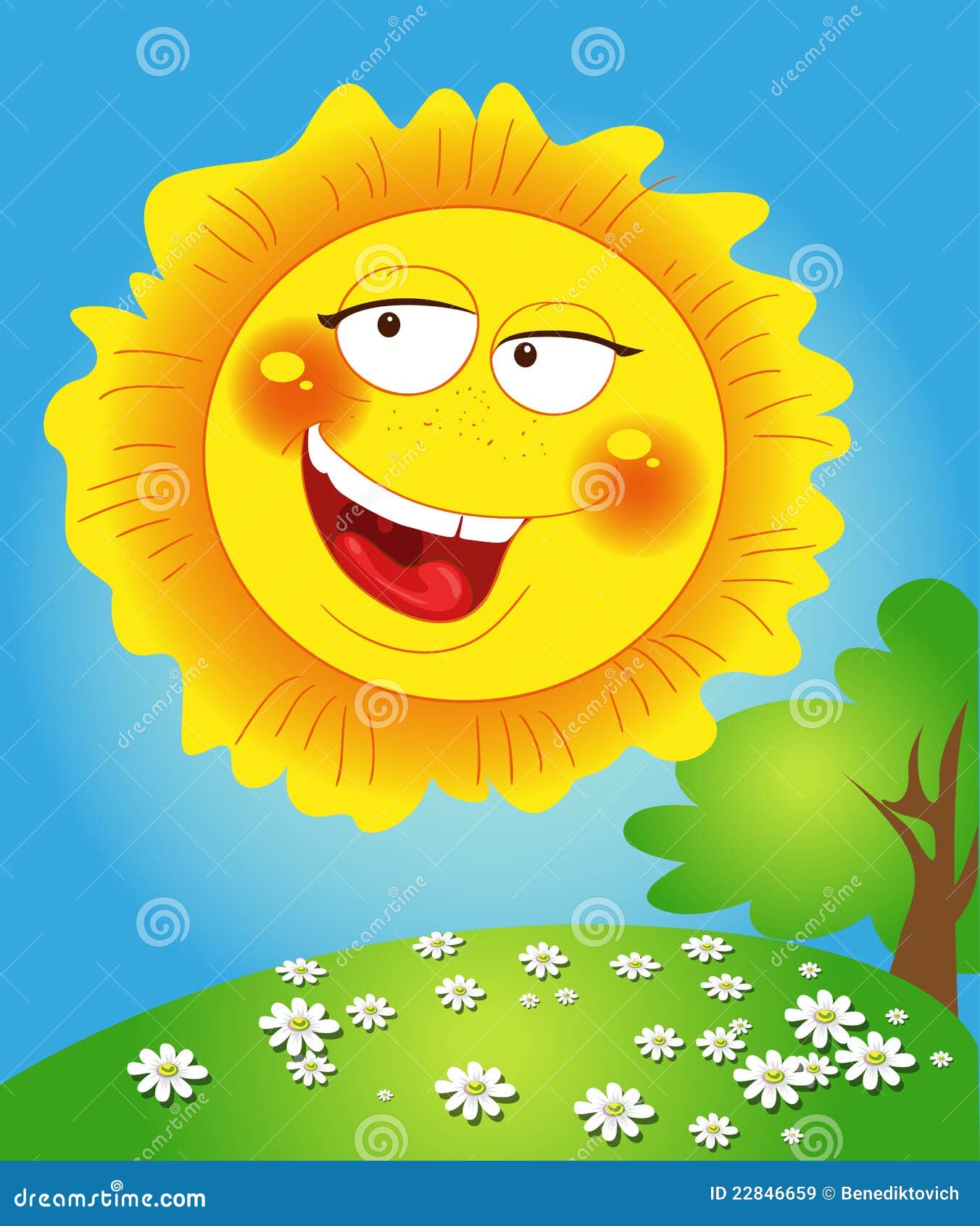 Happy Spring Sun Smiles and Lights Up Stock Illustration - Illustration ...
