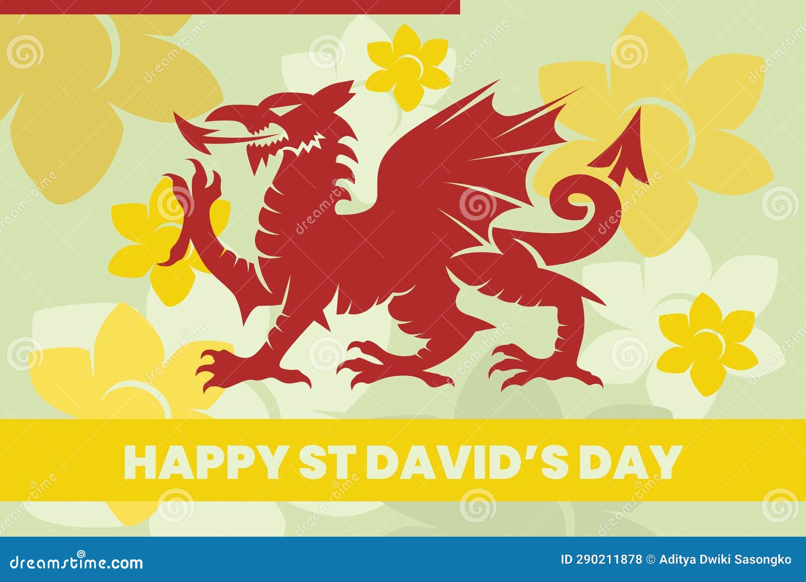 Happy St Davids Day Banner - Illustration With Red Dragon And Yellow ...