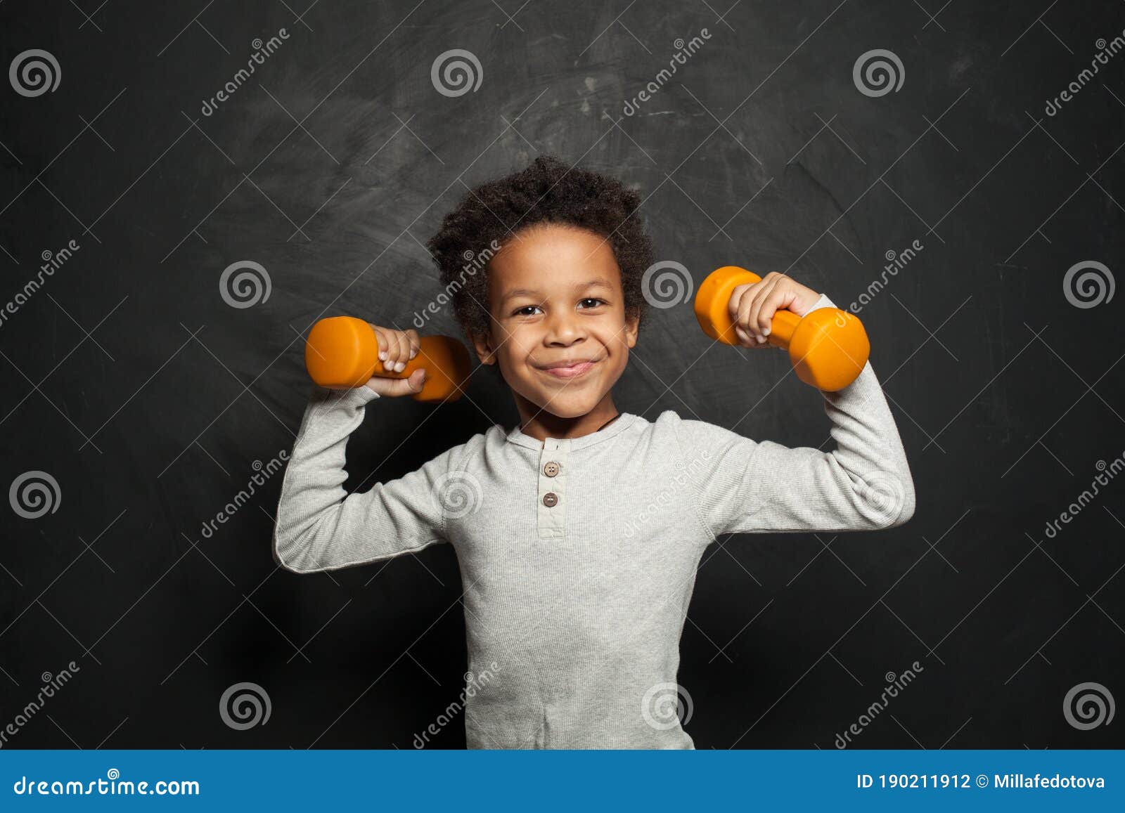 Happy Strong Black Child Boy with Dumbbells Stock Photo - Image of ...
