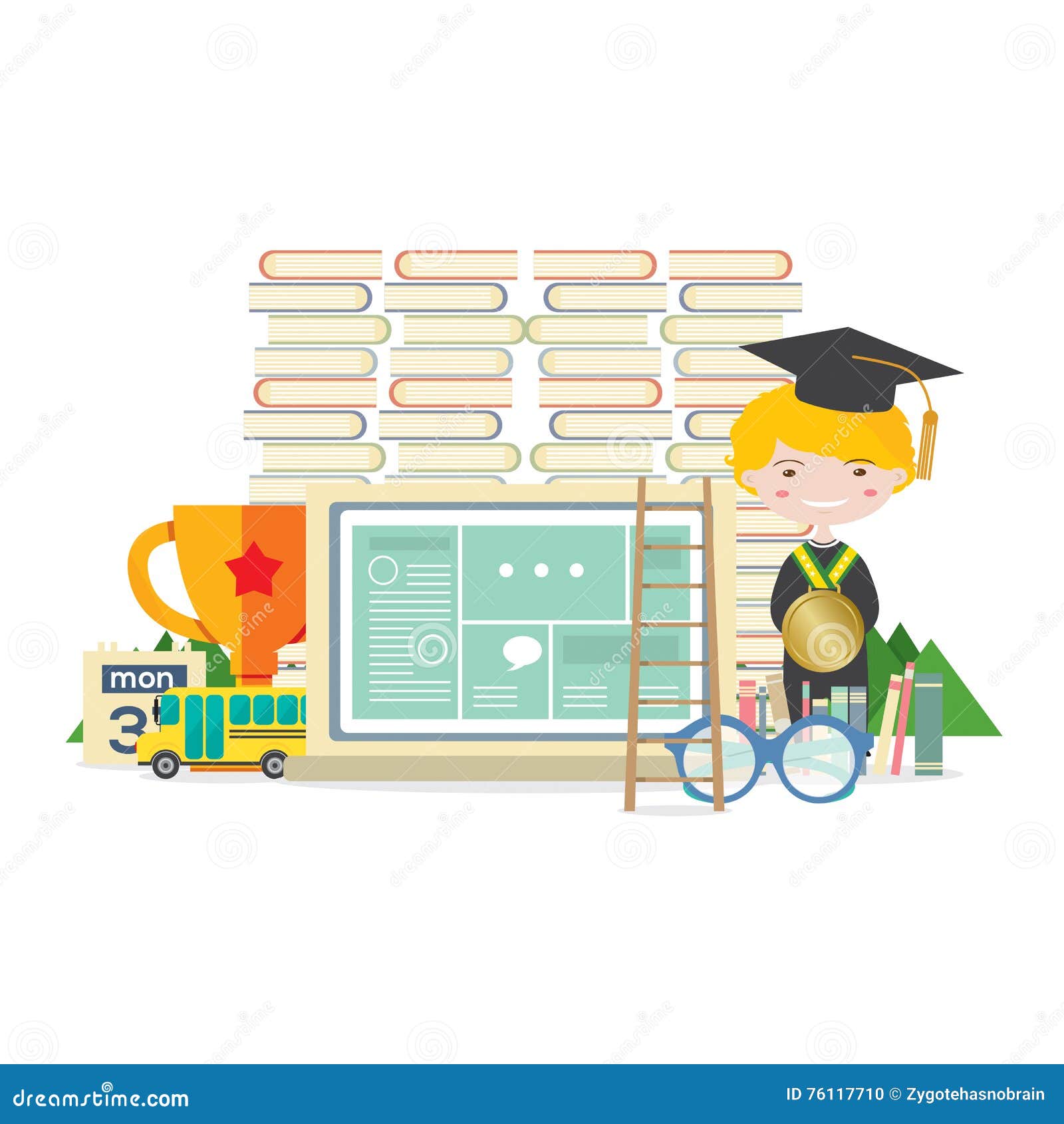 Happy Student with Books, Trophy and Ladder Represent Education Concept ...