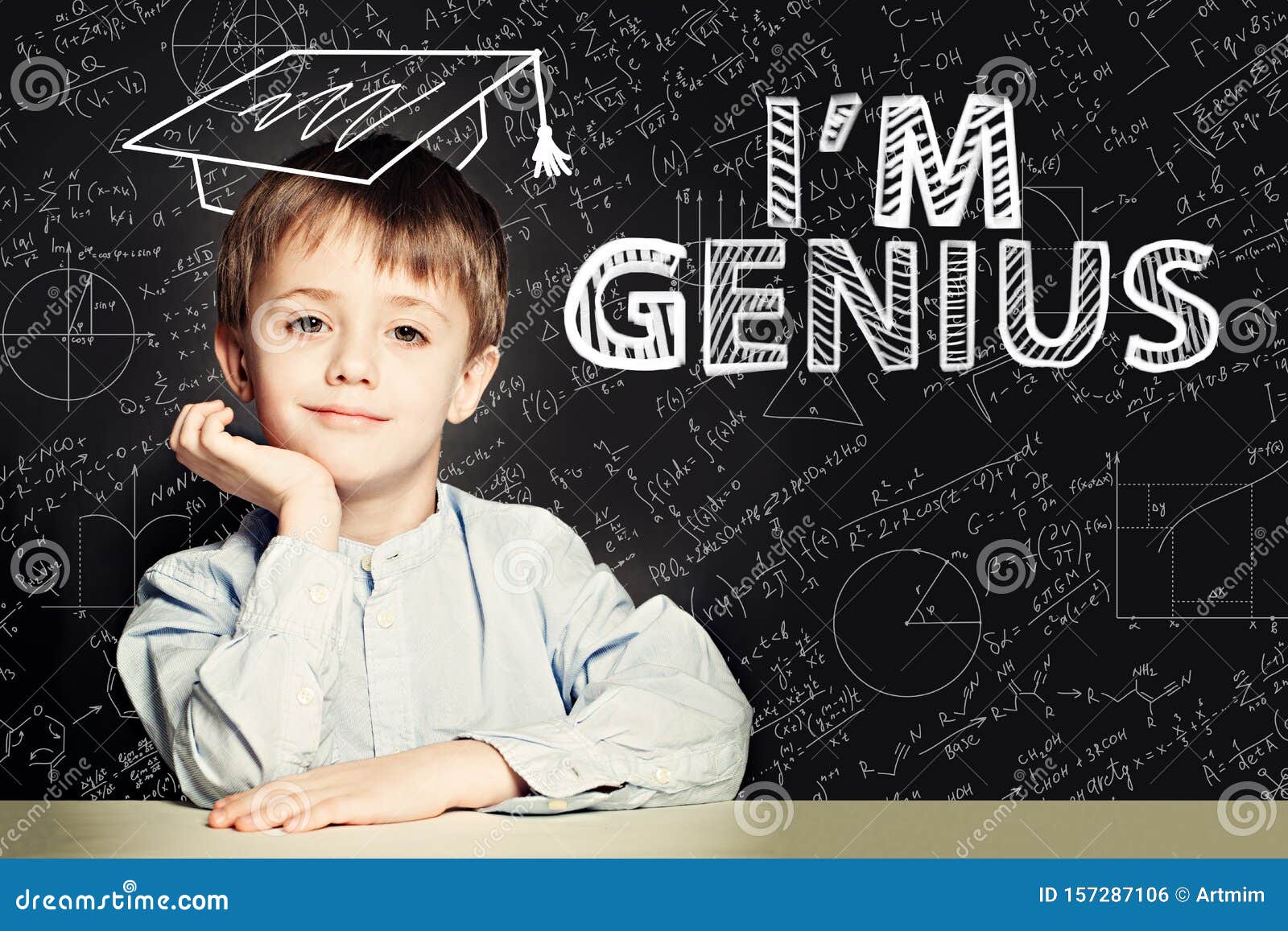 Happy Student Boy on Blackboard Background with Science Stock Photo ...