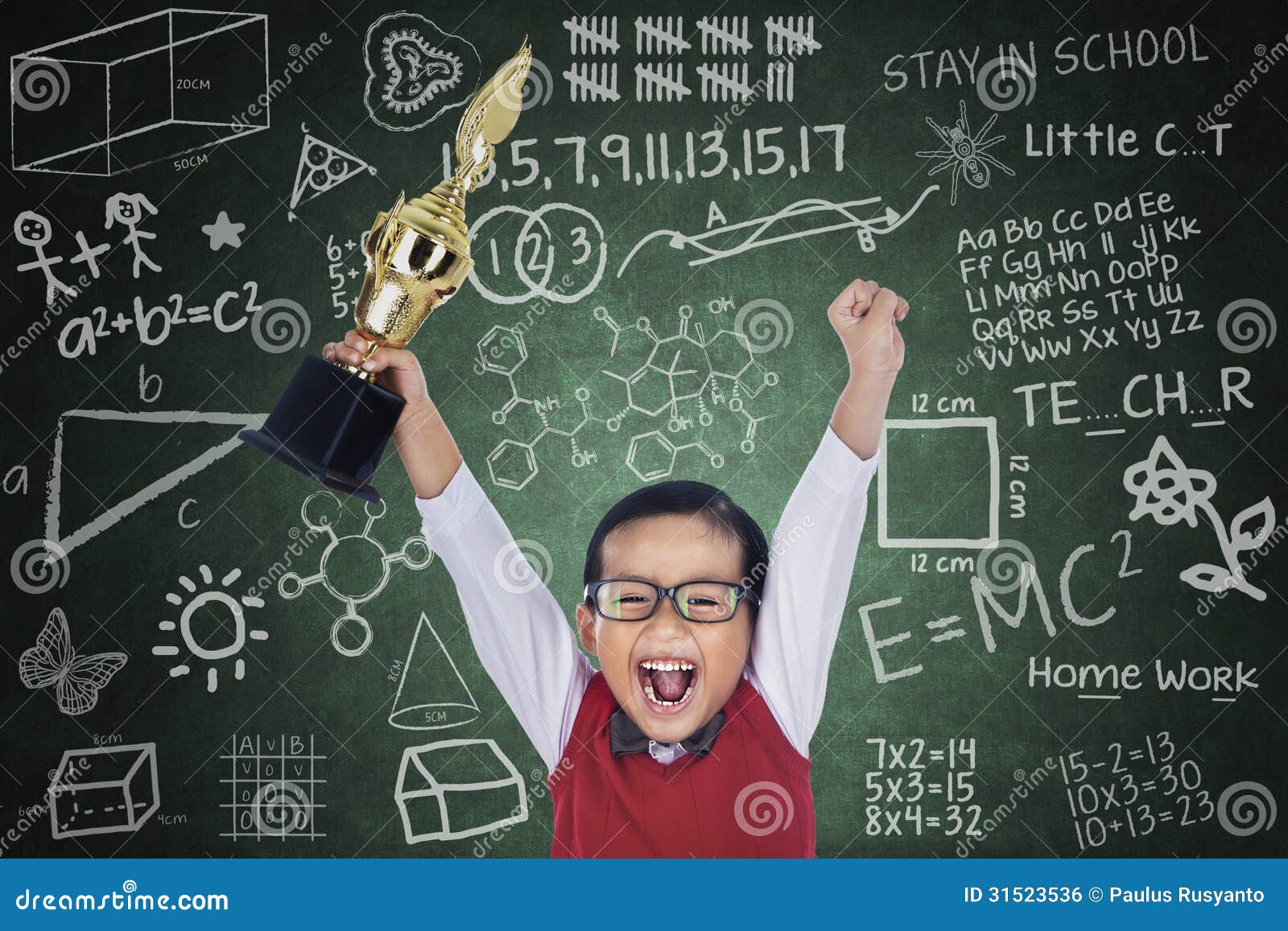 Happy Student Boy Hold Trophy in Class Stock Illustration ...