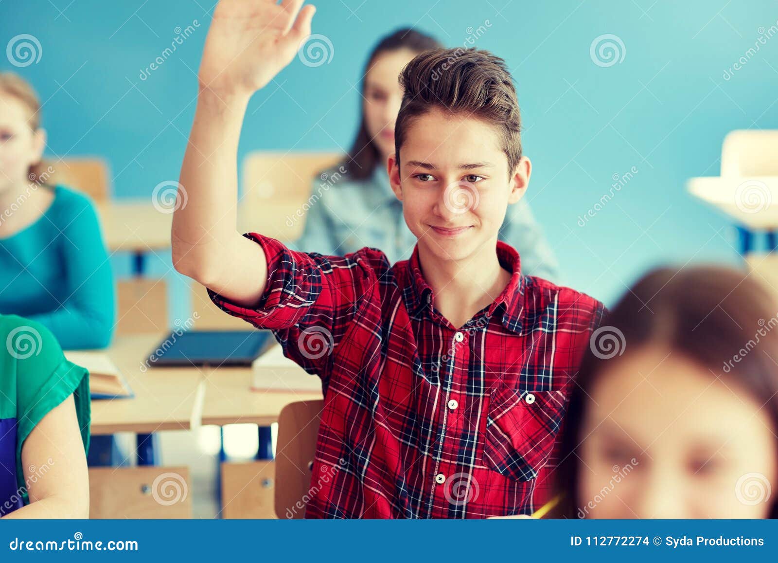 Happy Student Boy Raising Hand at School Lesson Stock Photo - Image of ...