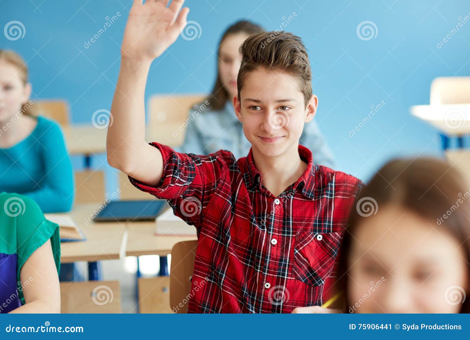 Happy Student Boy Raising Hand at School Lesson Stock Image - Image of ...