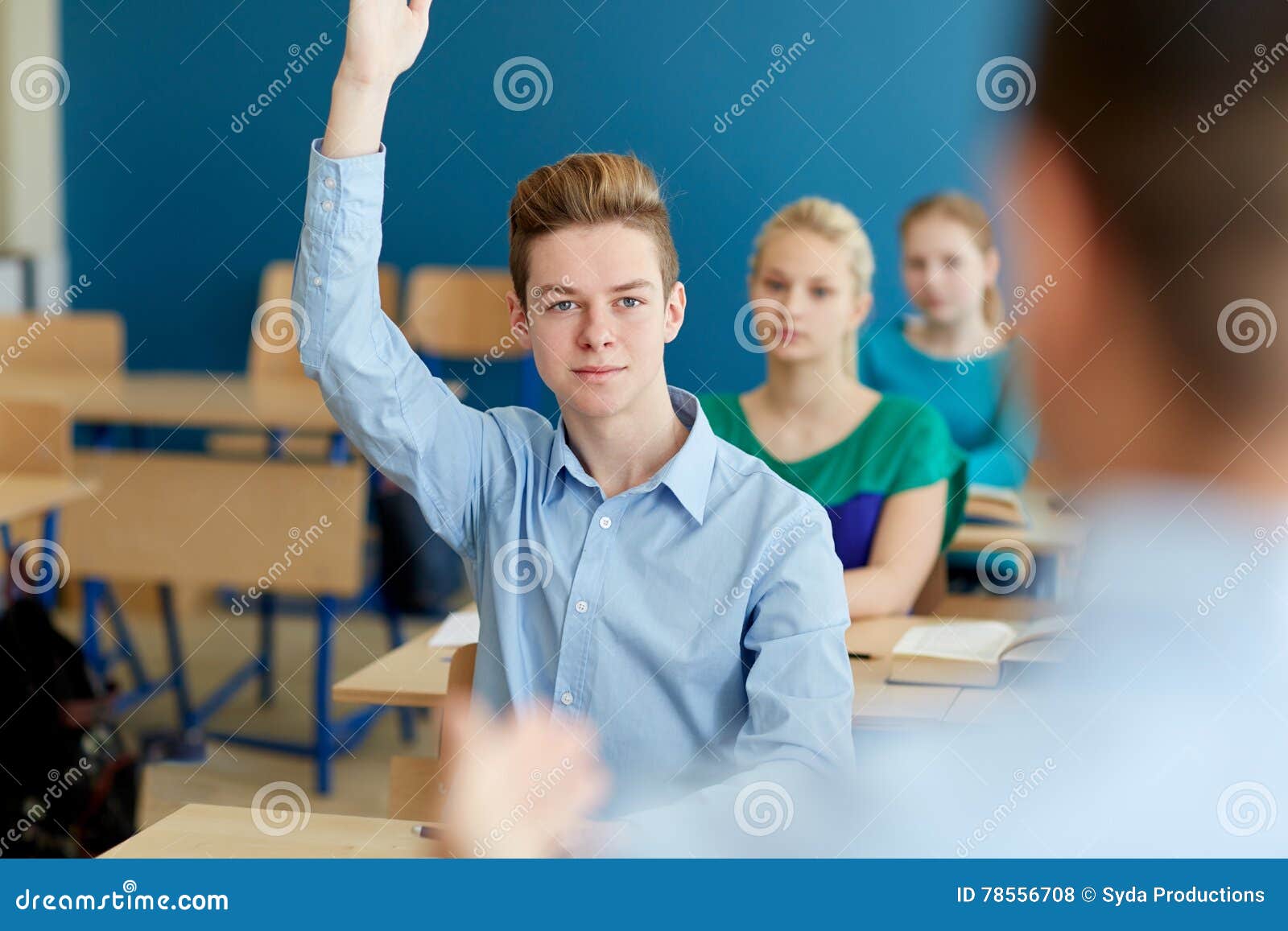 Happy Student Boy Raising Hand At School Lesson Royalty-Free Stock ...