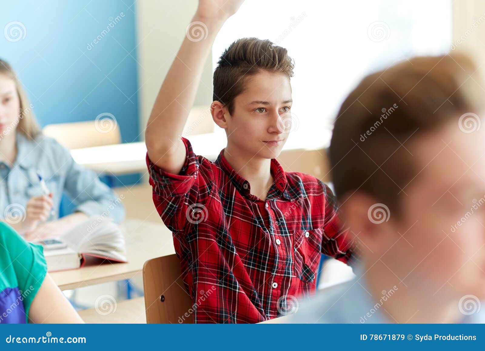 Happy Student Boy Raising Hand at School Lesson Stock Image - Image of ...