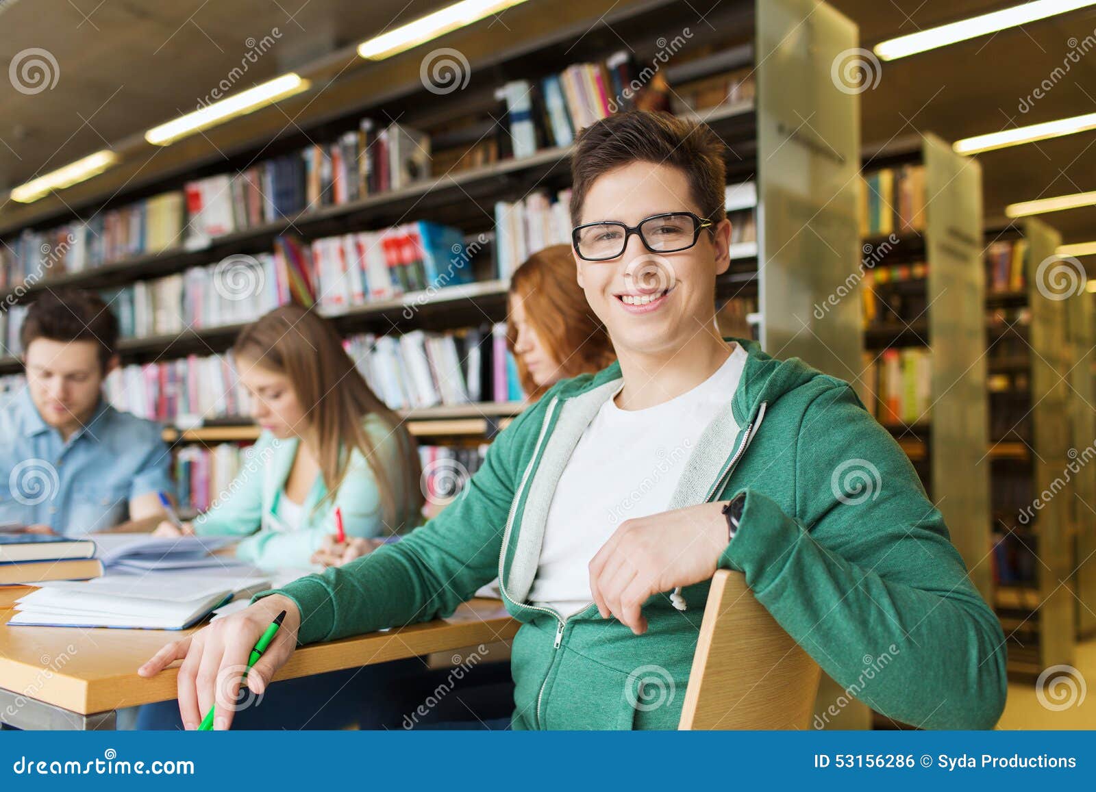 Happy Student Boy Reading Books in Library Stock Photo - Image of ...