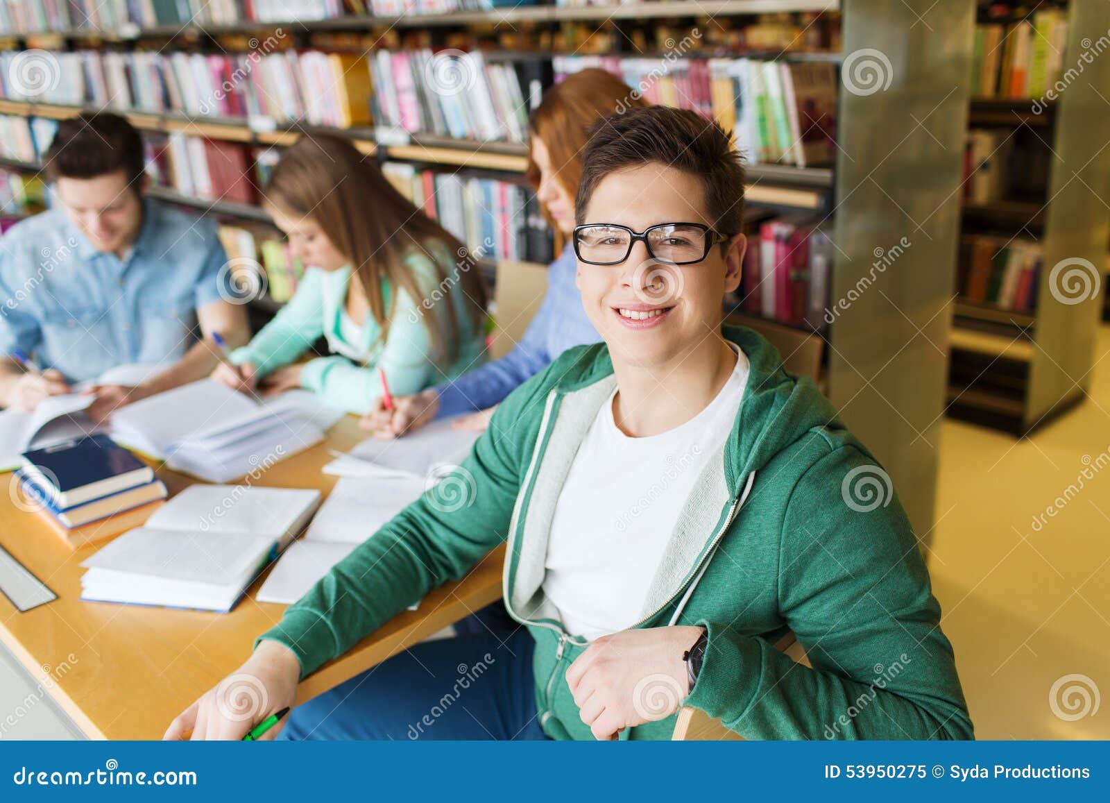 Happy Student Boy Reading Books in Library Stock Image - Image of nerd ...