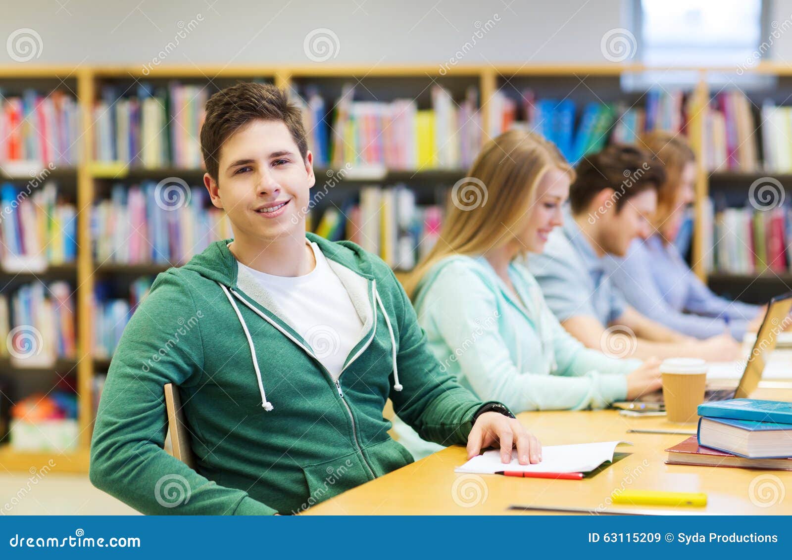Happy Student Boy Reading Books in Library Stock Image - Image of ...