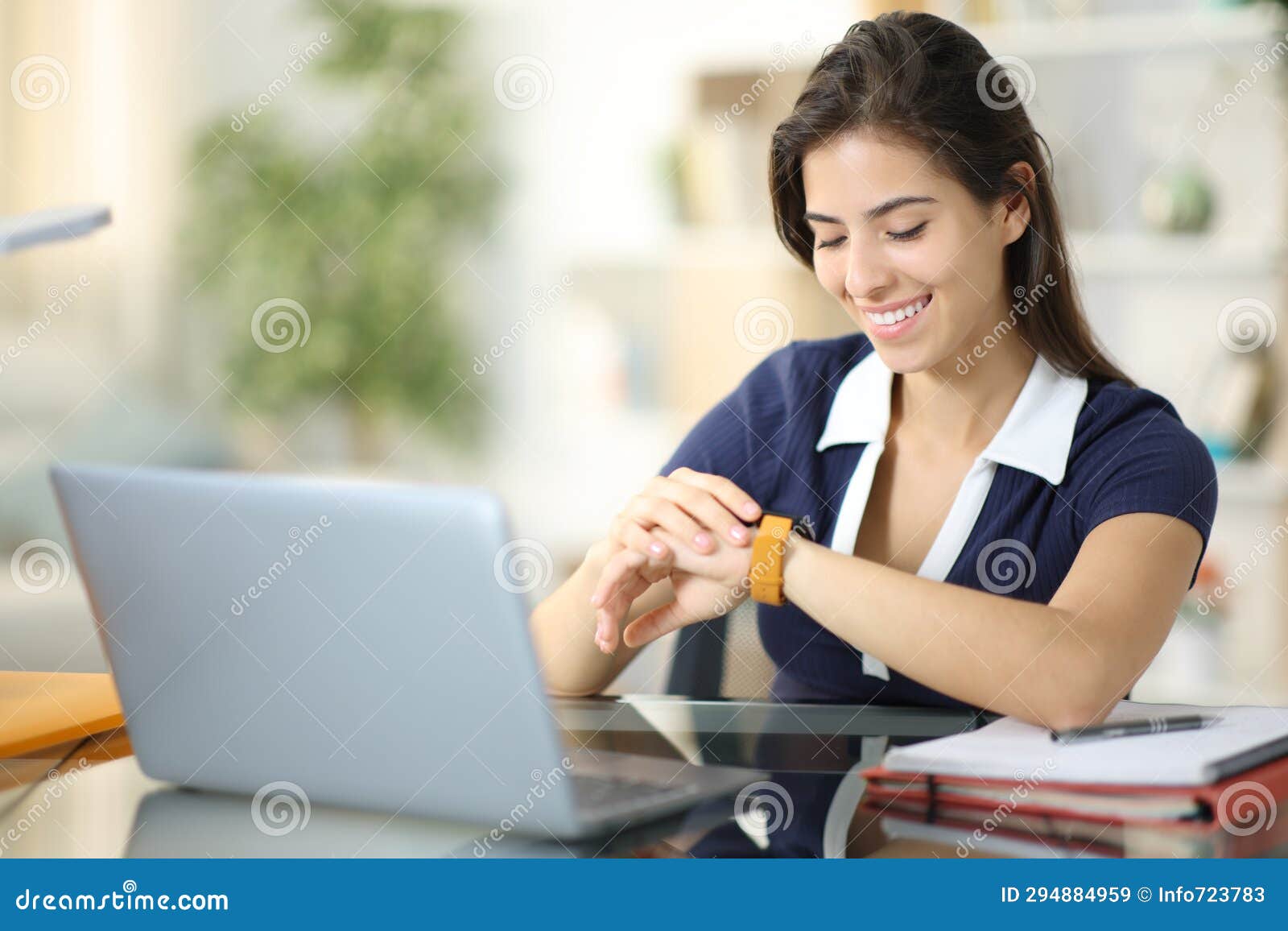 Happy Student Checking Smartwatch at Home Stock Image - Image of ...