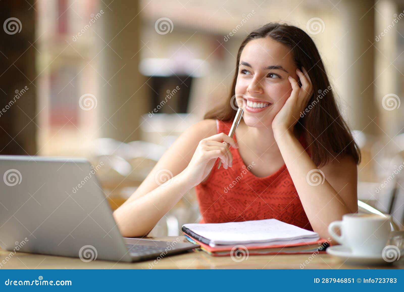 Happy Student Dreaming in a Restaurant Stock Image - Image of elearning ...