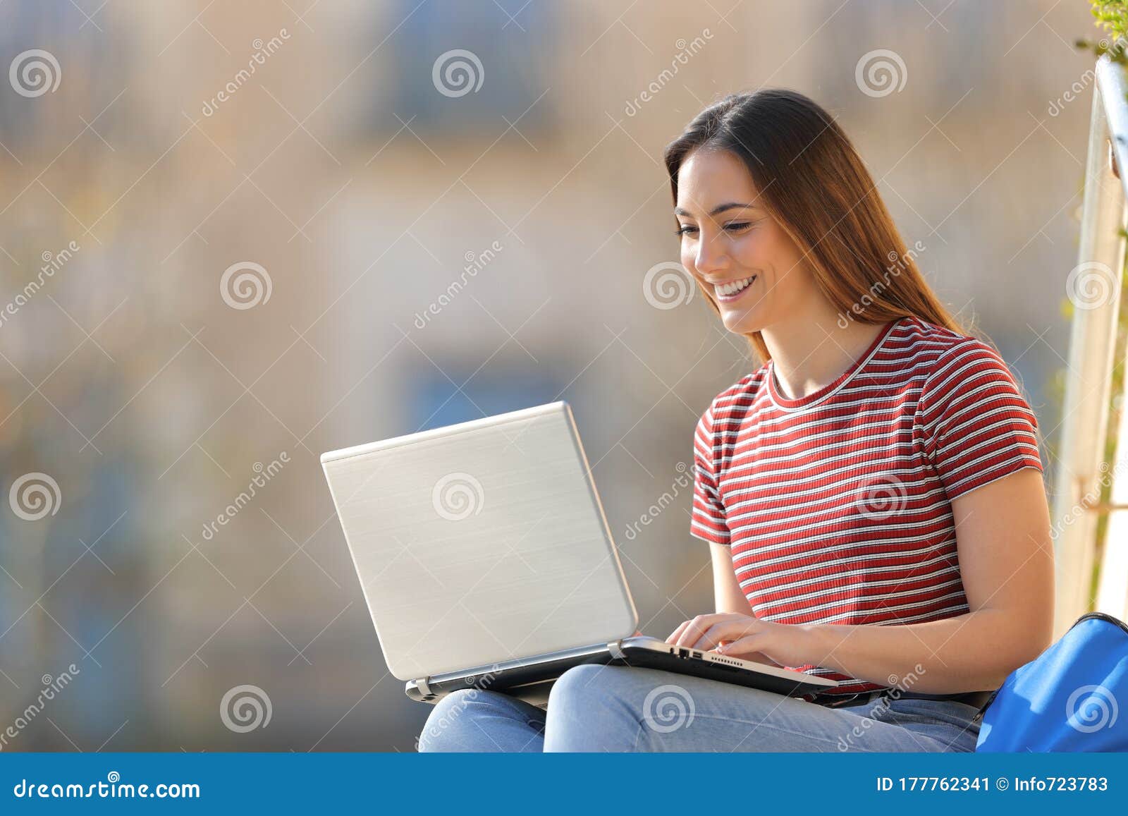 Happy Student E-learning Using Laptop in a Campus Stock Image - Image ...
