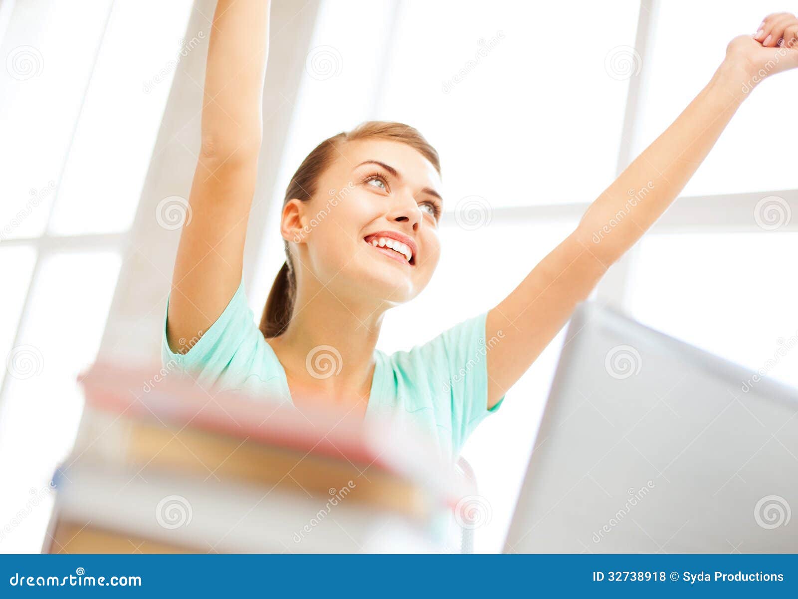 Happy Student Girl with Computer at School Stock Photo - Image of ...