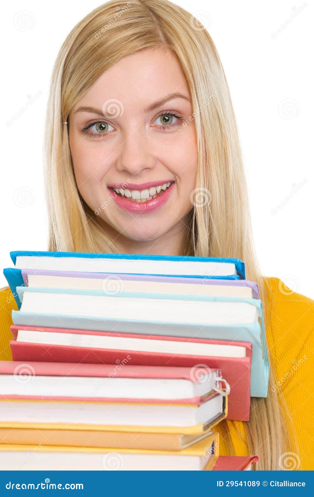 Happy Student Girl Holding Stack of Books Stock Image - Image of pile ...
