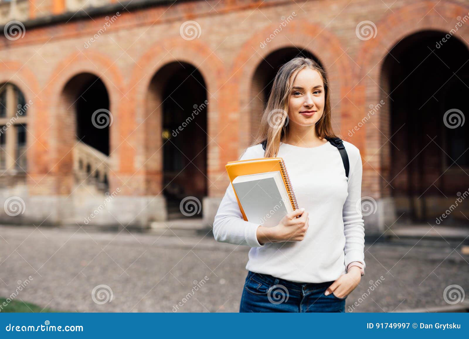 Happy Student Girl with School Bag and Notebooks Outdoors Stock Image ...
