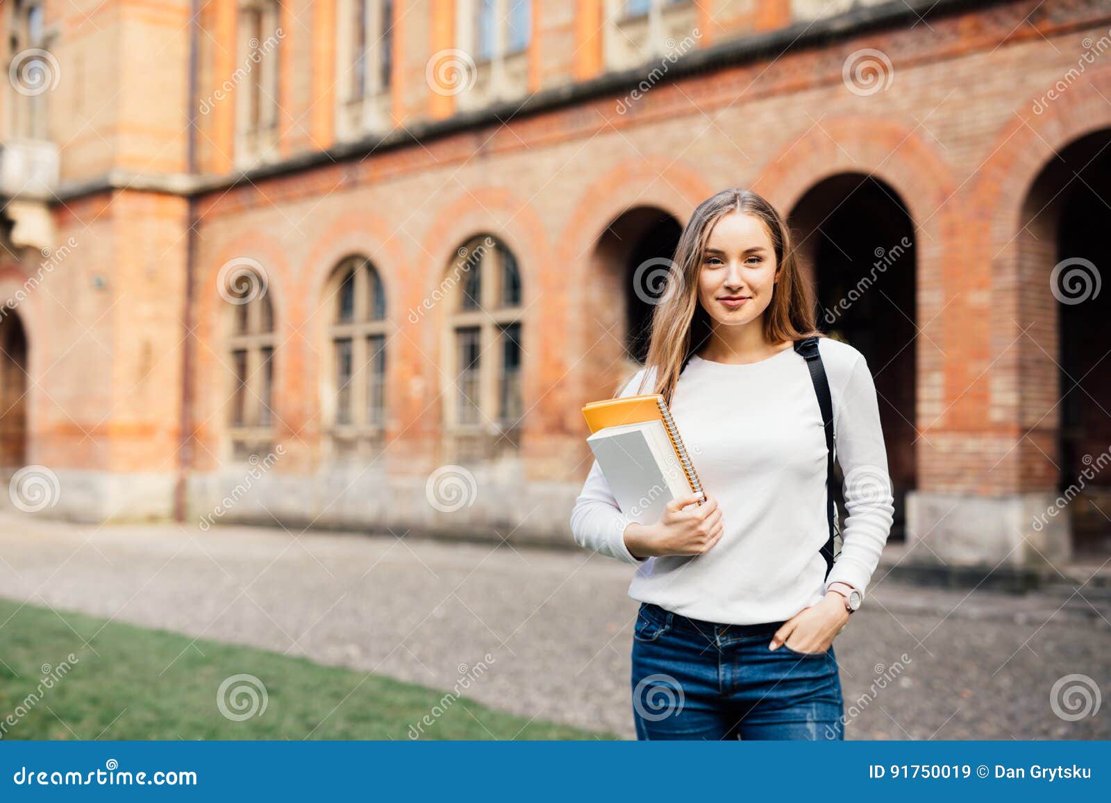 Happy Student Girl with School Bag and Notebooks Outdoors Stock Image ...