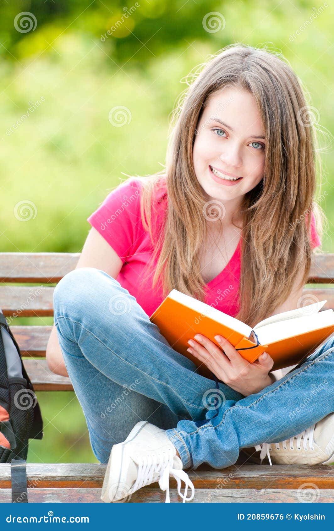 Happy Student Girl Sitting on Bench with Book Stock Photo - Image of ...