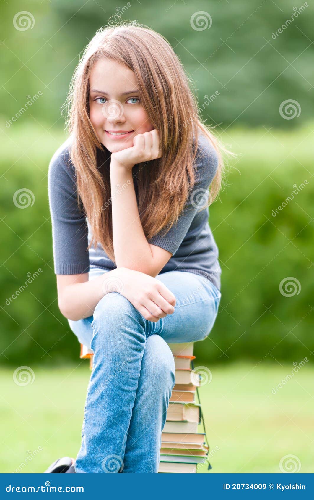 Happy Student Girl Sitting On Books Stock Image - Image of learn ...