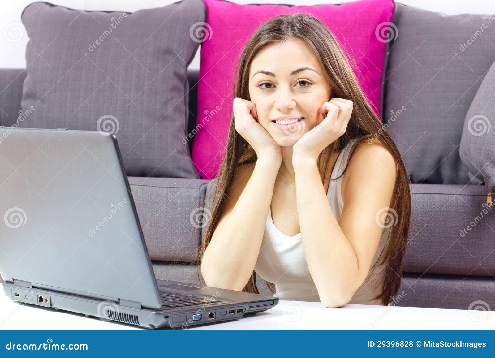 Happy Student Girl Using Laptop Stock Photo - Image of computer ...