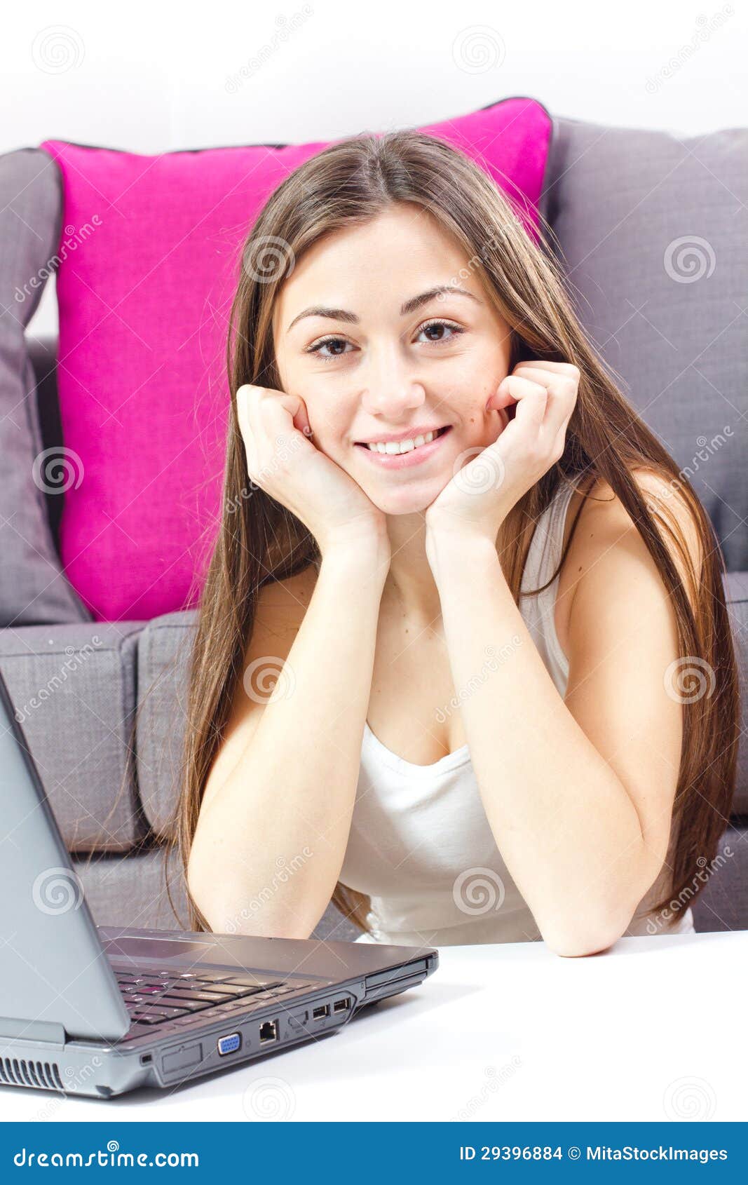 Happy Student Girl Using Laptop Stock Photo - Image of comfortable ...