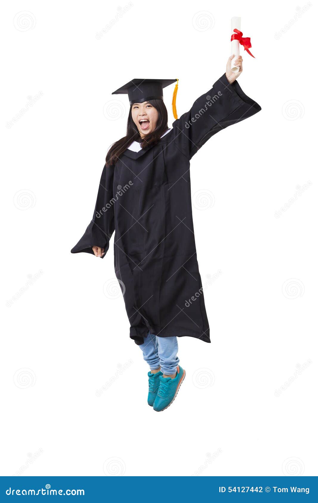 Happy Student in Graduate Robe Jumping Stock Photo - Image of robe ...