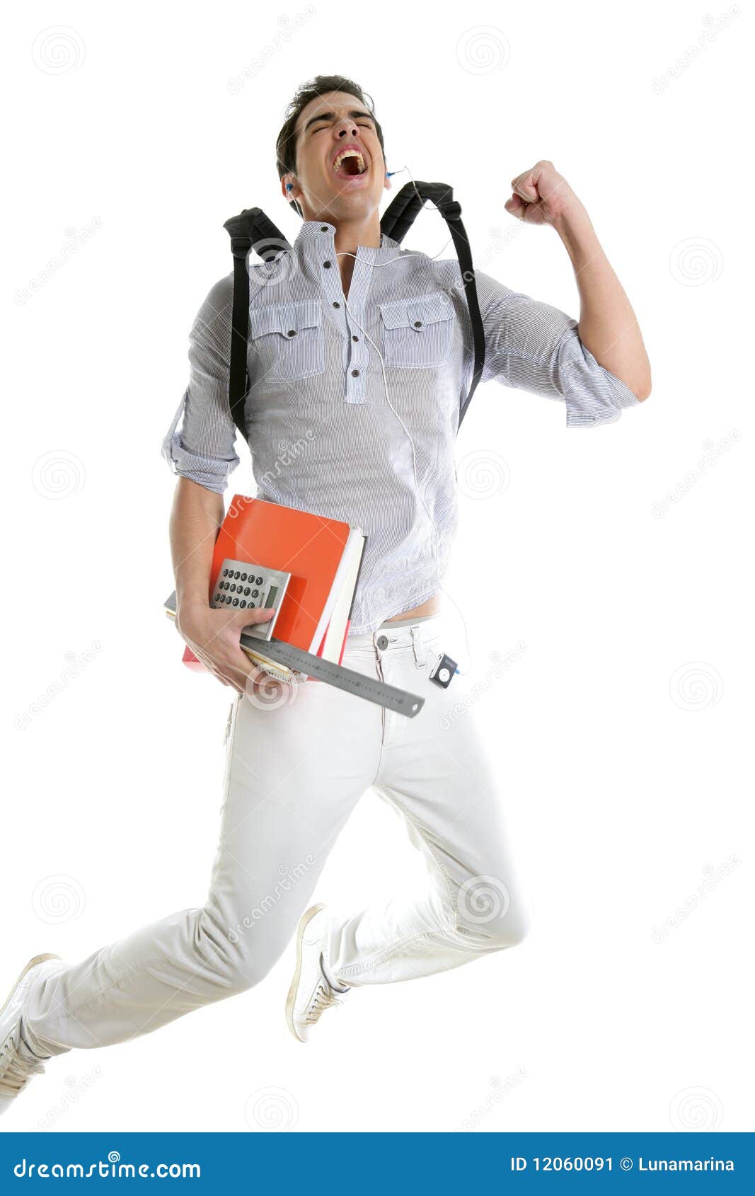 Happy Student Jump with College Stuff in Hand Stock Image - Image of ...