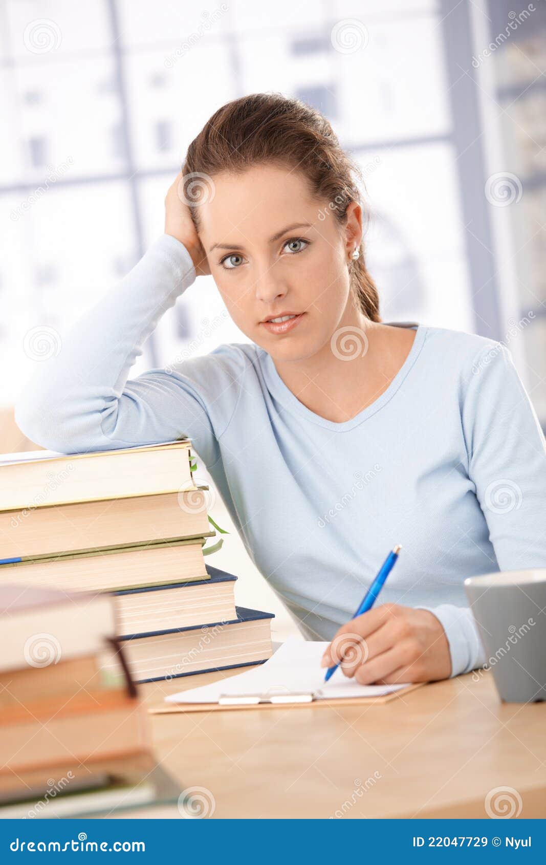 Happy Student Learning at Home Smiling Stock Image - Image of alone ...