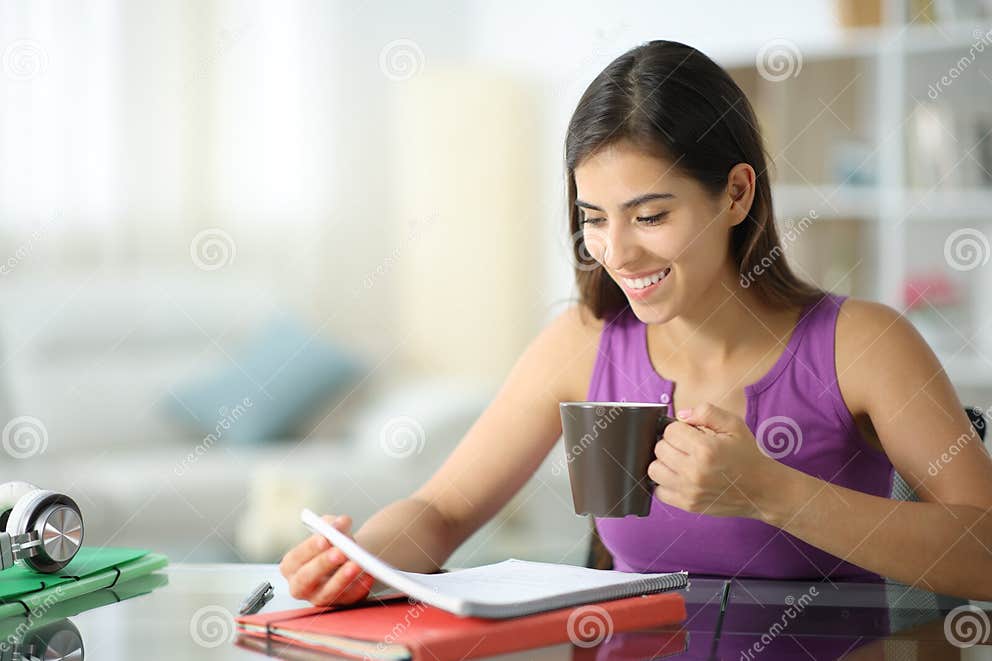 Happy Student Memorizing Notes and Drinking Stock Image - Image of read ...