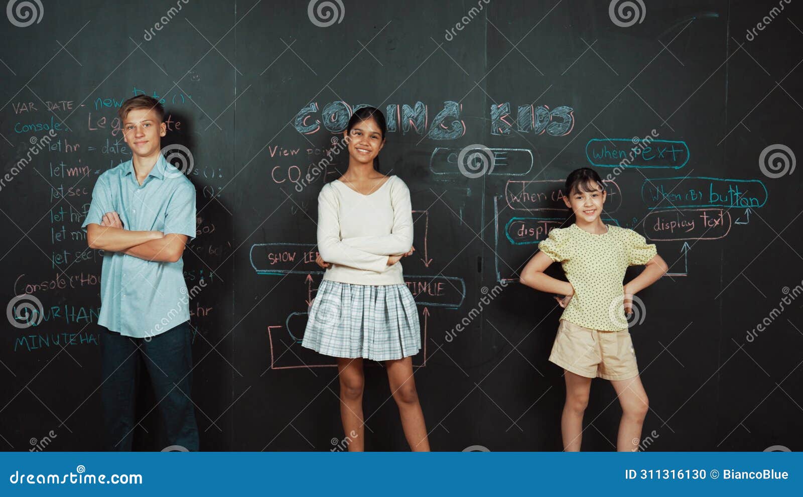 Student Pose at Camera while Standing at Blackboard with Code ...