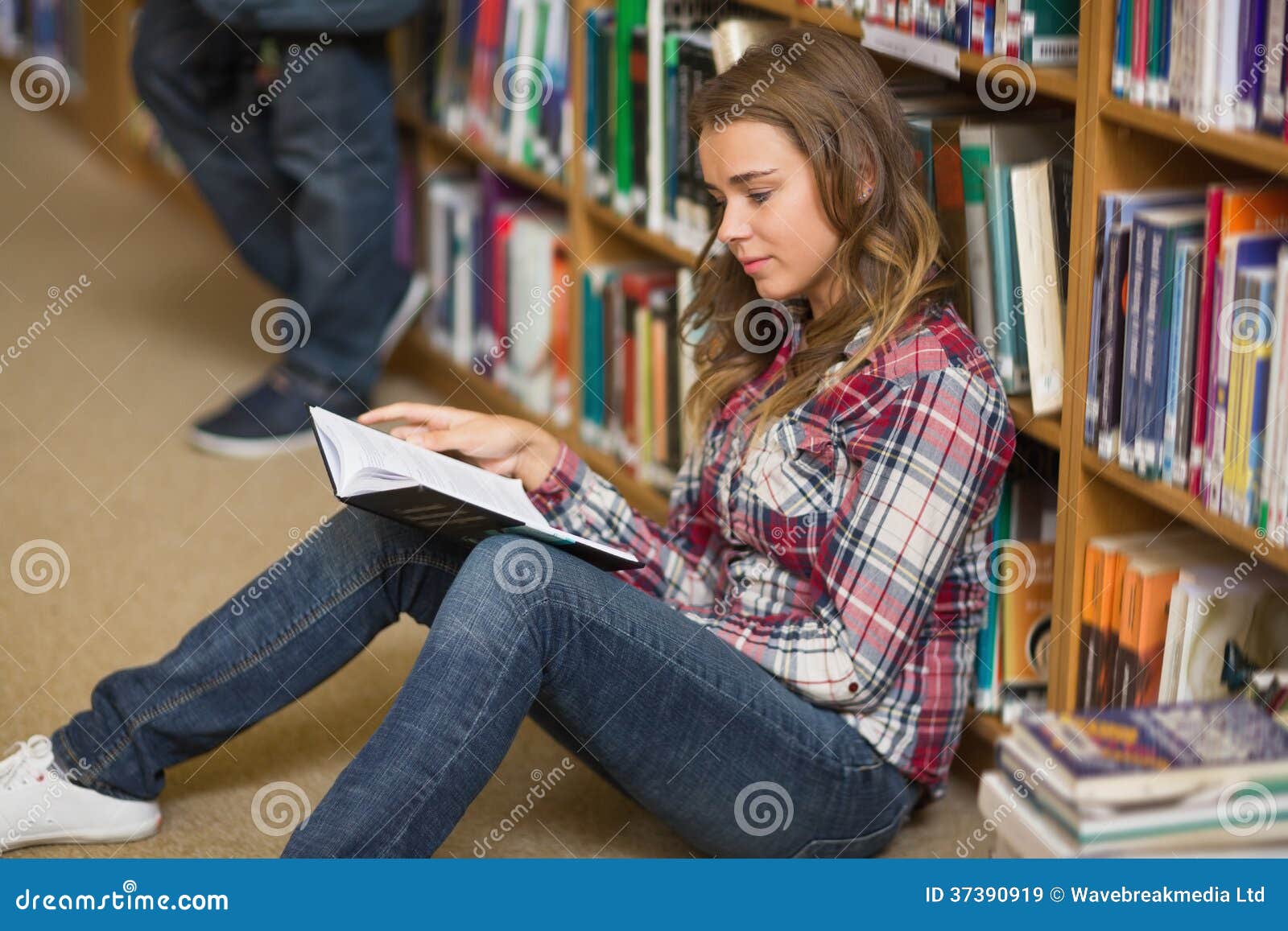 Happy Student Reading Book on Library Floor Stock Image - Image of ...