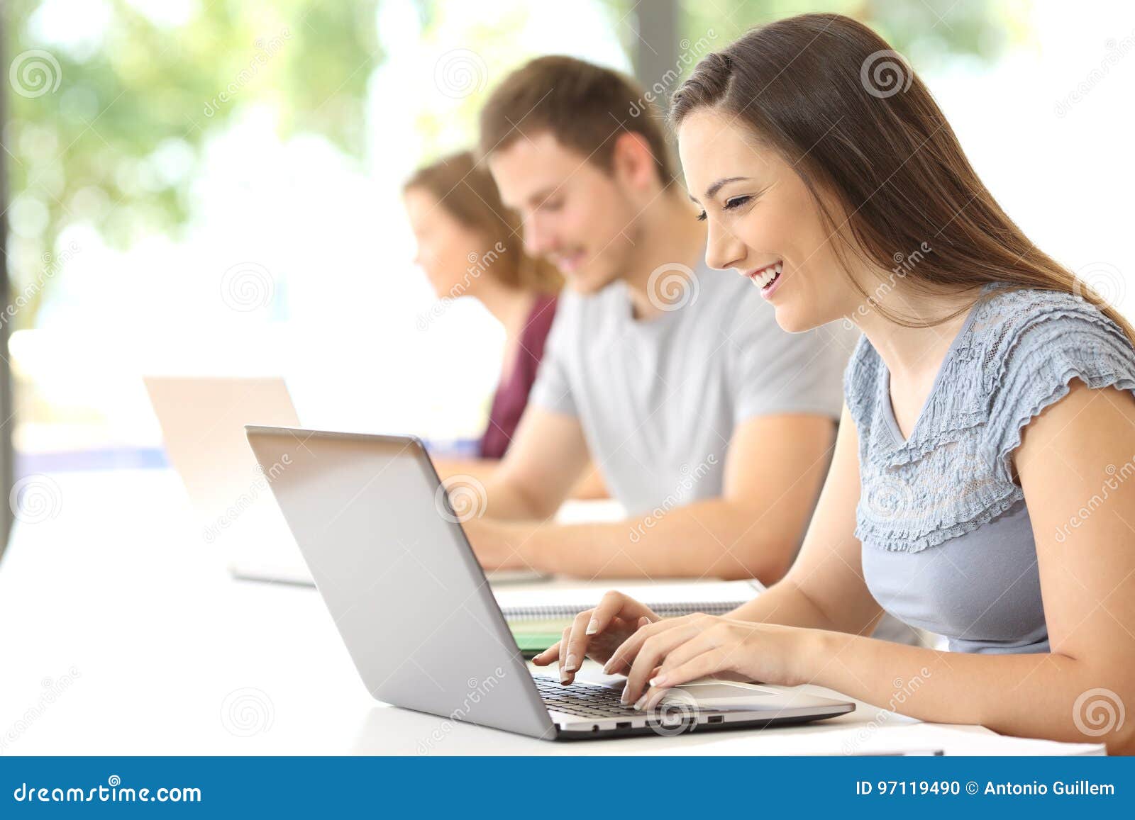 Happy Student Searching on Line at Classroom Stock Photo - Image of ...