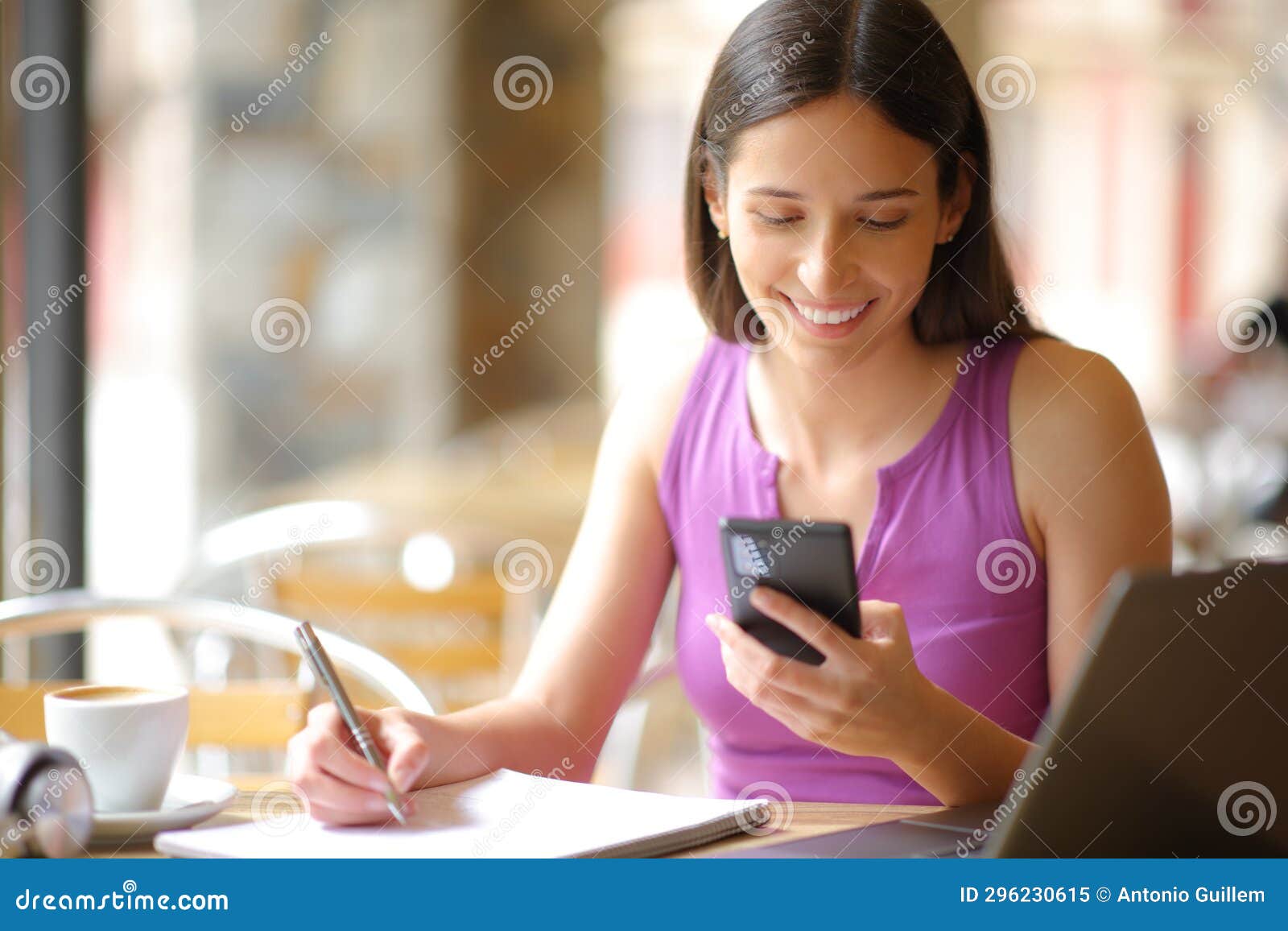 Happy Student Studying Checking Smartphone Stock Image - Image of ...