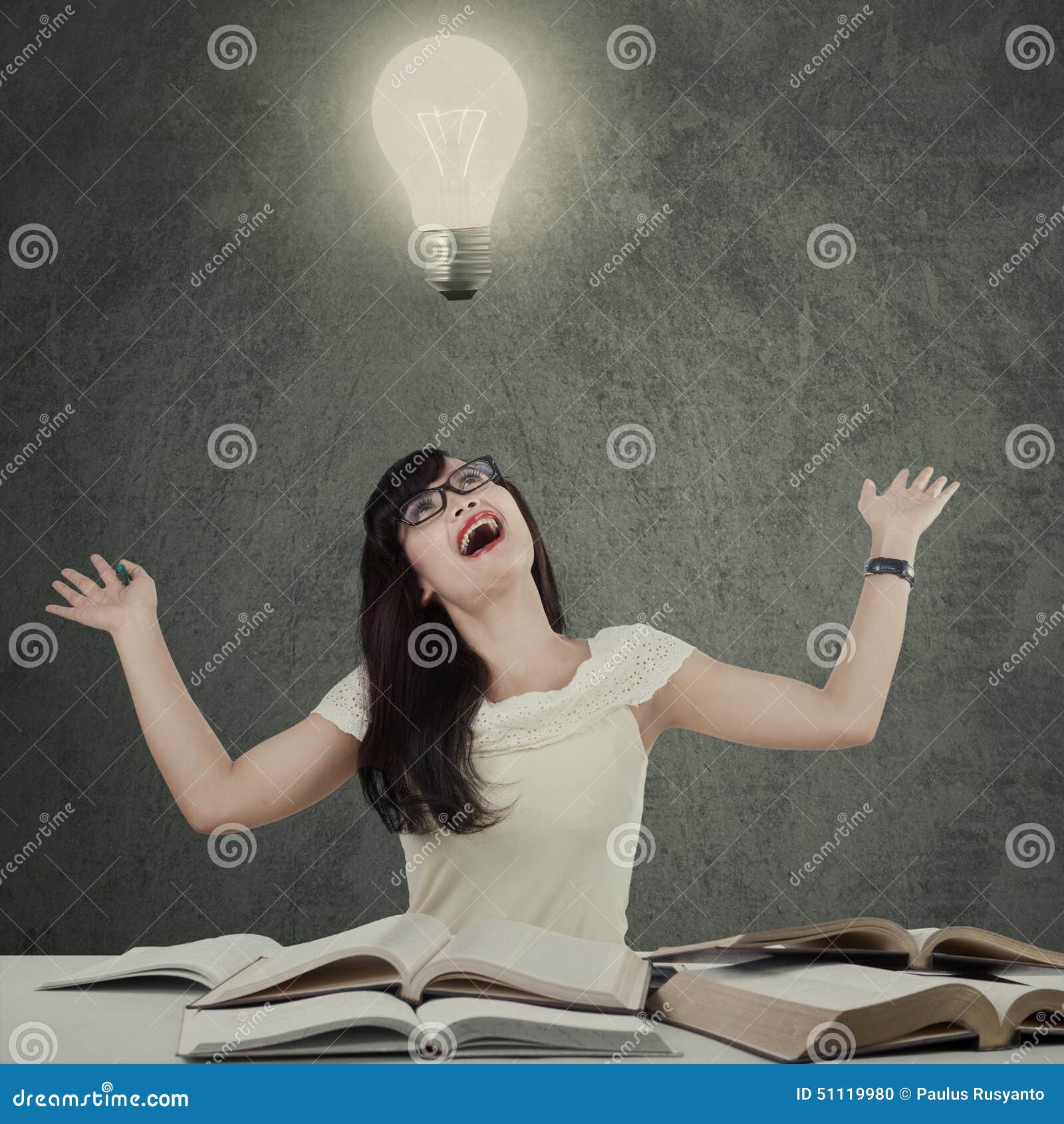 Happy Student Thought Idea Under Lamp Stock Photo - Image of college ...